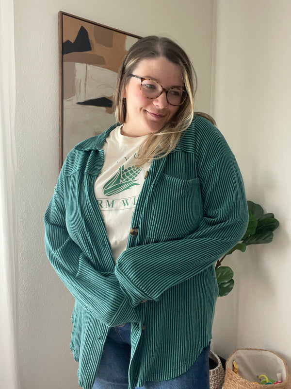 Hunter Green Ribbed Button Down Shacket - The Humming Arrow Boutique