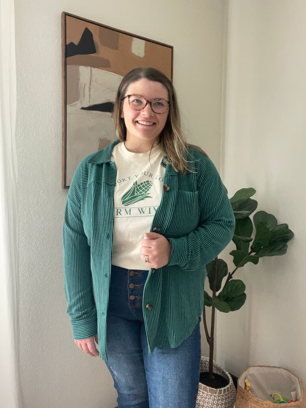 Hunter Green Ribbed Button Down Shacket - The Humming Arrow Boutique